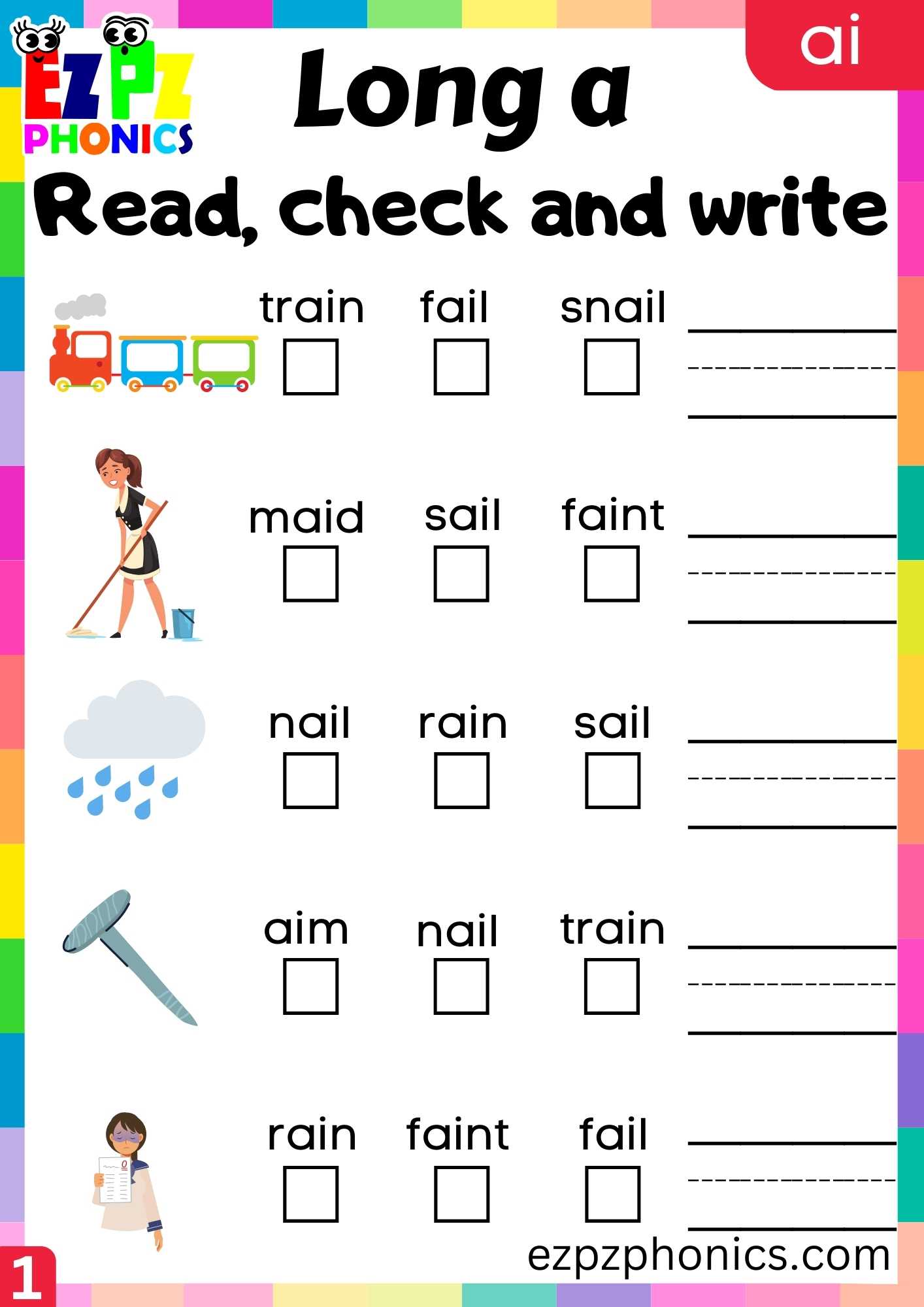 Group1 AI Words Read, Check And Write Long A Phonics Worksheet - ezpzphonics.com